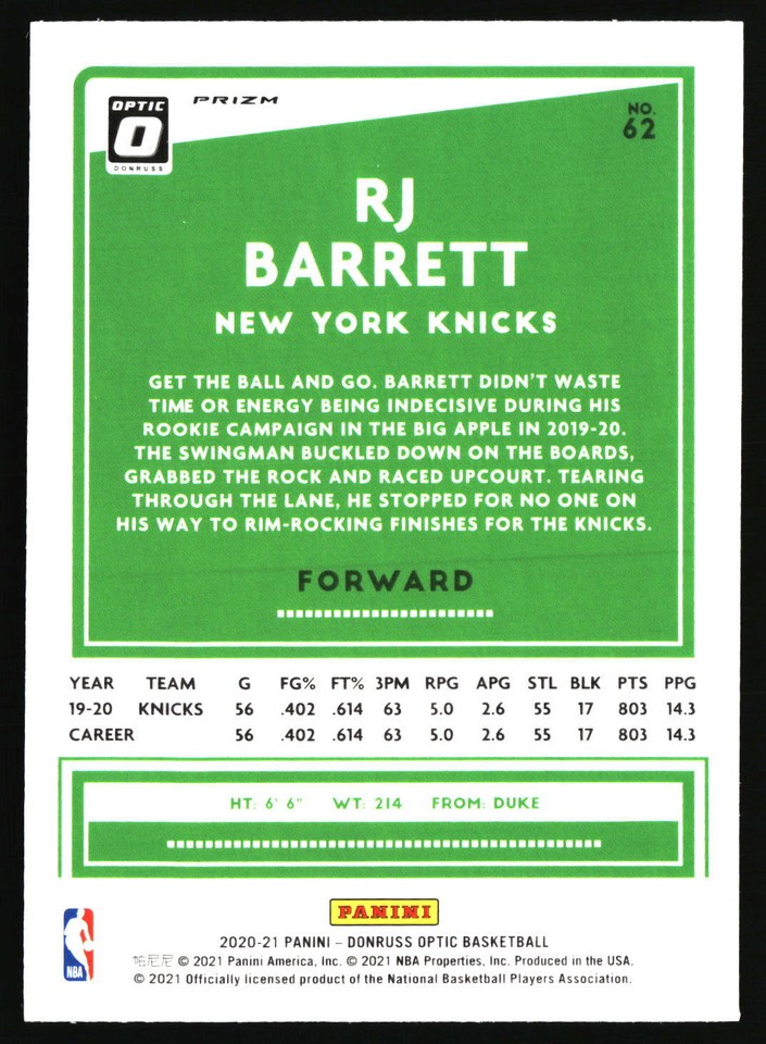 2020-21 Donruss Optic RJ Barrett Silver Wave Prizm | eBay