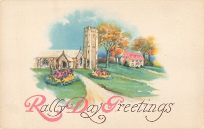 Postcard Rally Day Greetings Art Church Scene Invitation | eBay