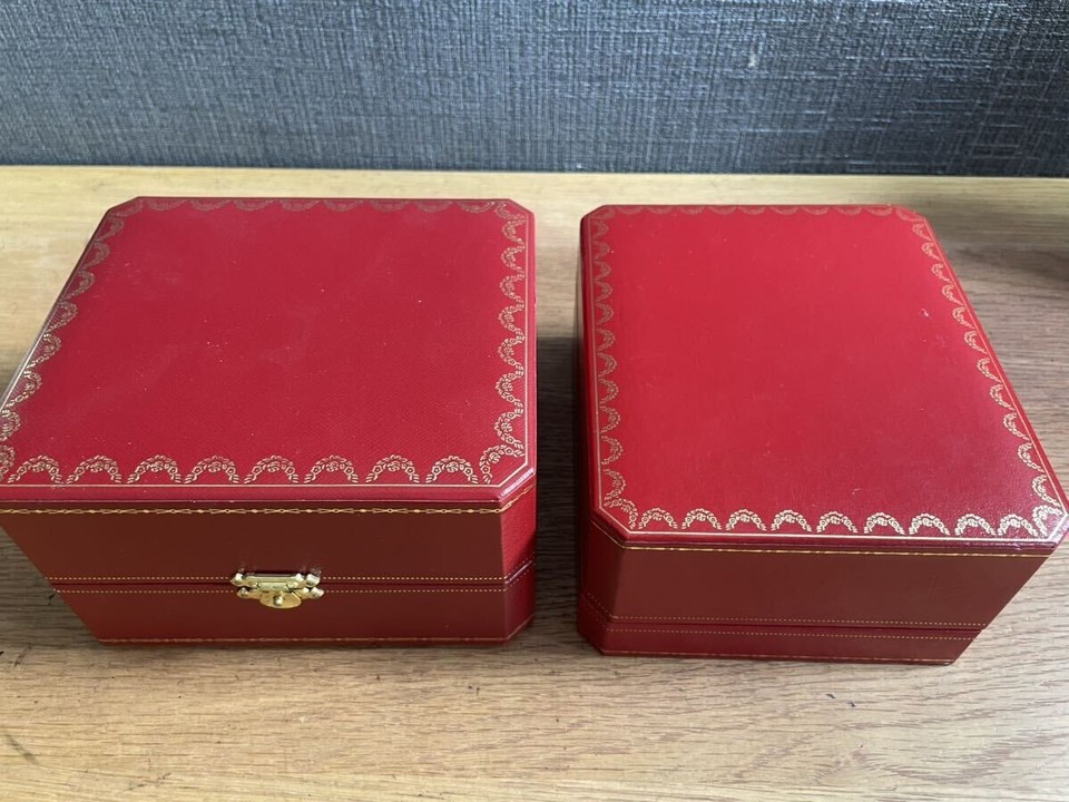 VINTAGE GENUINE CARTIER watch box case Red wood leather 2 set ...