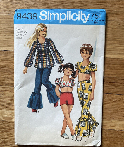 1970's Simplicity 9439 Girls Mid Drift Shirt Top Flared Pants Hippie ...