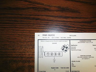 1980 Buick Skylark FOUR Series Models 2.5 Liter 151 CI L4 2BBL Tune Up ...