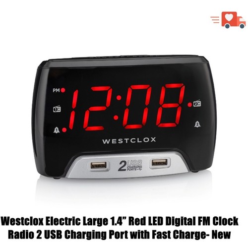 Westclox Electric Large 1.4” Red LED Digital FM Clock Radio 2 USB ...