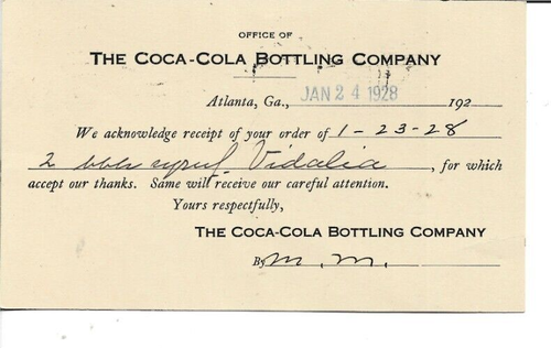 The ATLANTA COCA-COLA Co. RECEIPT POST CARD TO COCA-COLA McRae Co. JAN ...