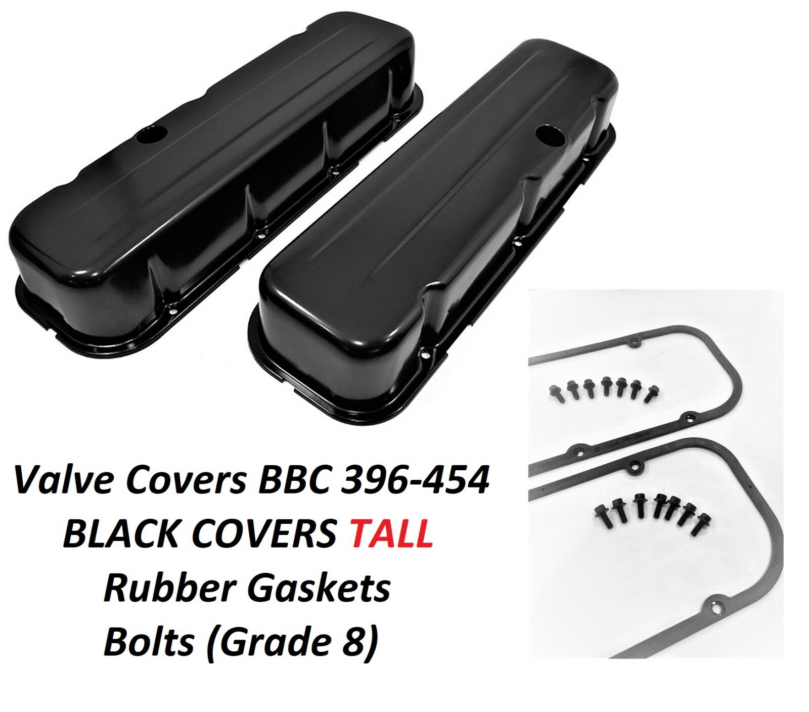 BBC Valve Covers STEEL BLACK Gaskets Rubber +GRADE 8 Bolts 65-95 396 ...