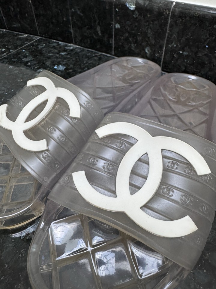 CHANEL PVC TRANSPARENT WHITE LOGO FLAT POOL SLIDE SANDALS SZ 39 | eBay