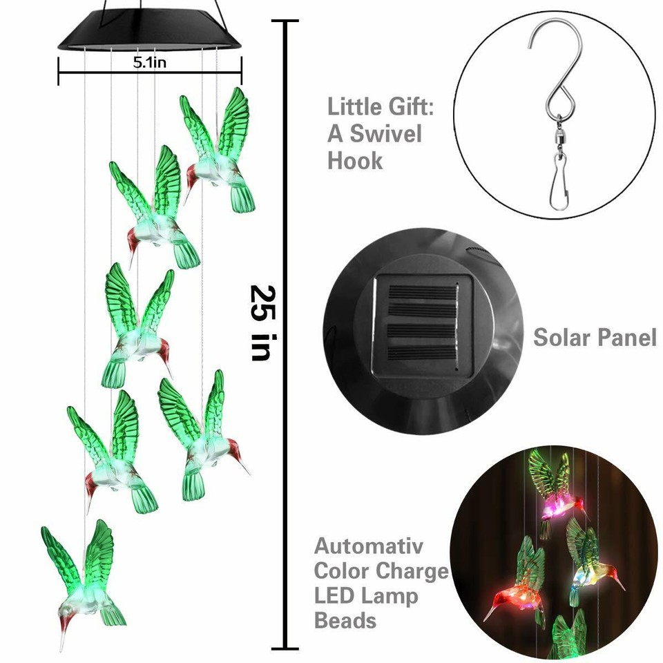 Color-Changing LED Solar Powered Hummingbird Wind Chime Lights Yard ...