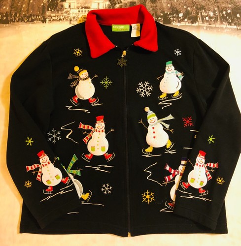 Onque Casuals Snowmen Black Zippered Cardigan Ugly Christmas Sweater ...
