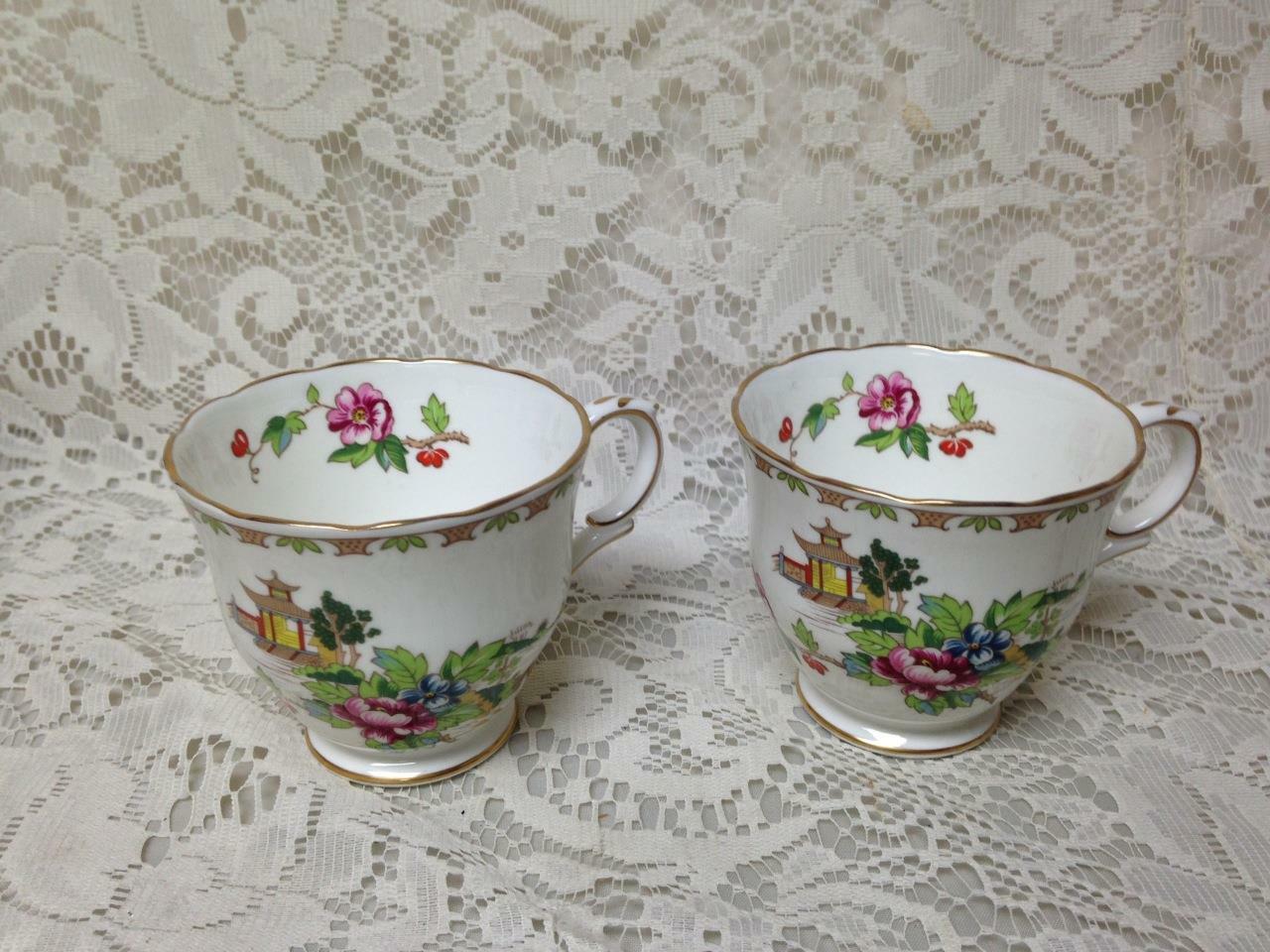 Vintage, Crown Staffordshire, Polychrome, Gaudy Blue Willow 4pc Cups ...