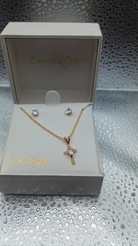 EVERLASTING 10K Gold Cross Pendant And Stud Earing Set MSRP $150..read ...