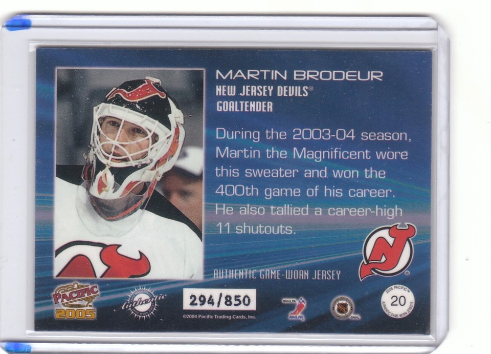 04/05 2004-05 Pacific Authentic Jersey Card #20 Martin Brodeur NJ ...