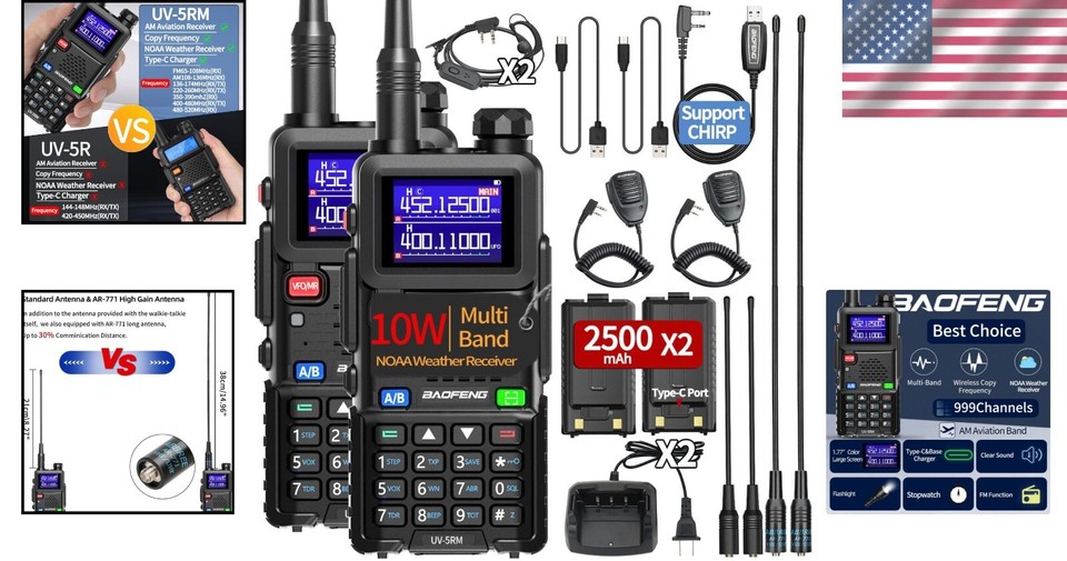 10W Long Range Ham Radio with NOAA Receiver - 2 Pack Rechargeable ...