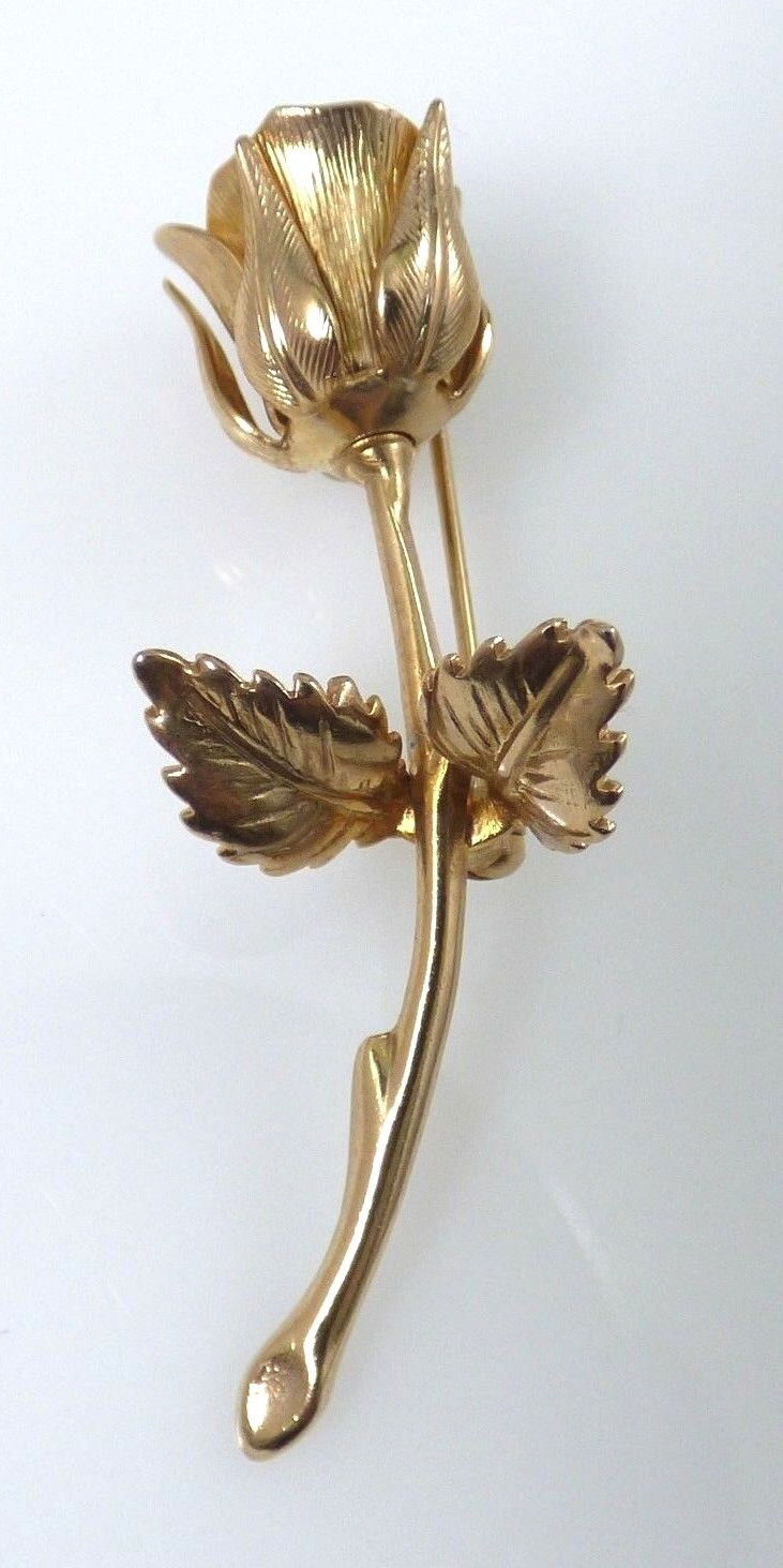 Rose Brooch Pins Gold Tone Metal with Leaves Stems Red Enamel Lot of 2 ...