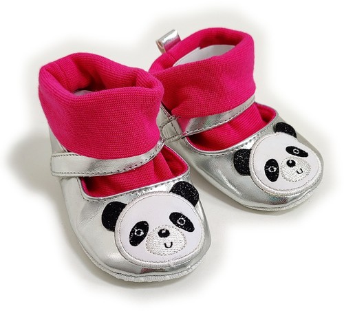 Baby Girls Silver Pink Panda Face Grippy Shoes With Integral Sock 6-9 ...