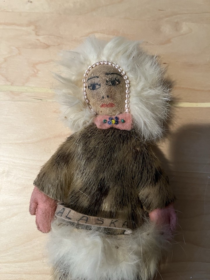 Antique Native ALASKAN Inuit SAD ESKIMO DOLL Fur & Suede Leather Beaded ...