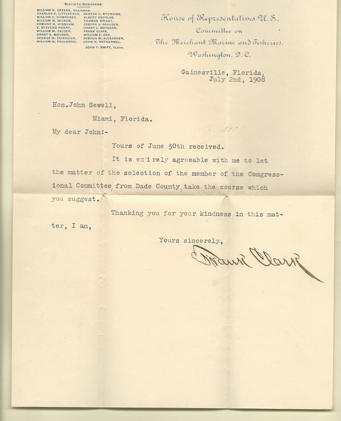 1908 US 60TH CONGRESS LETTER WITH STAMPED ENVELOPE FRANK CLARK TO JOHN ...