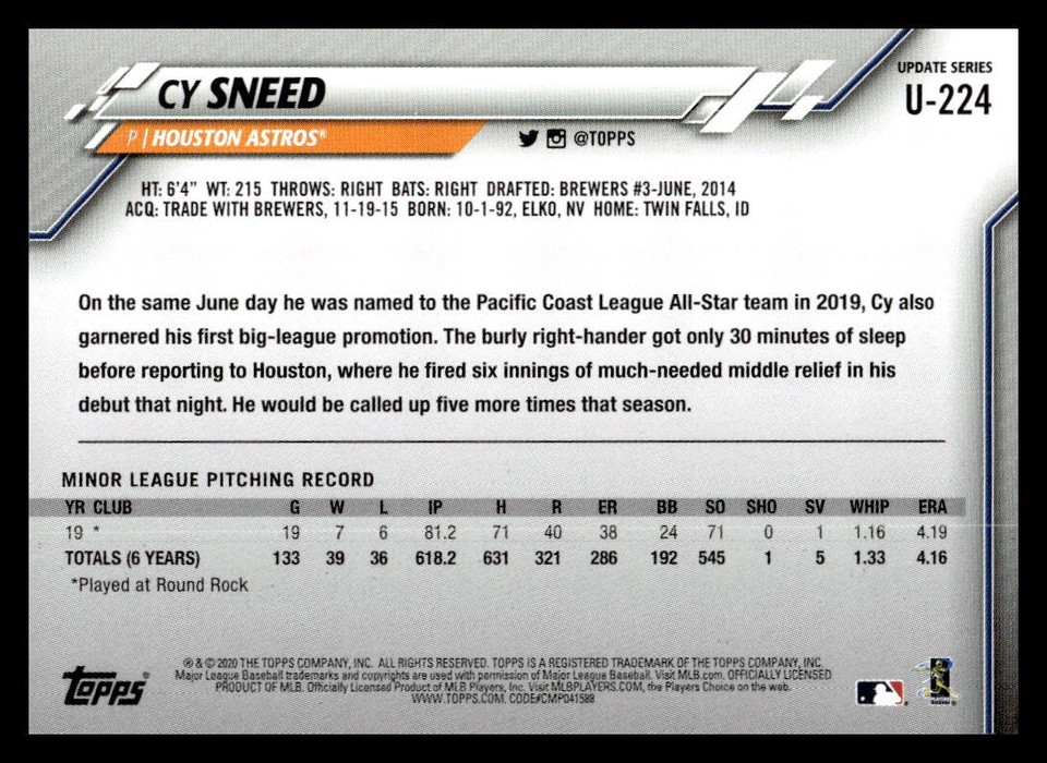 2020 Topps Update Cy Sneed Rookie U-224 Houston Astros | eBay