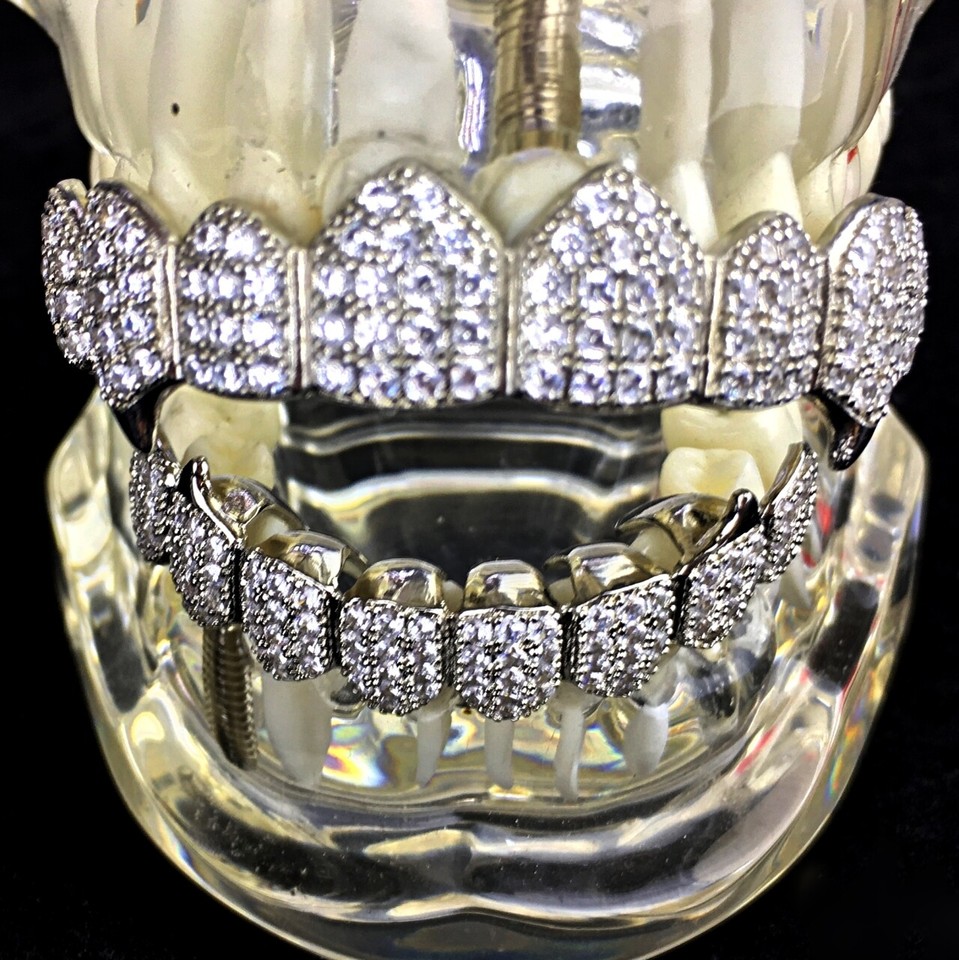 CZ Grillz Set Vampire Fangs Silver Tone 8 Top Eight Bottom Teeth Bling ...