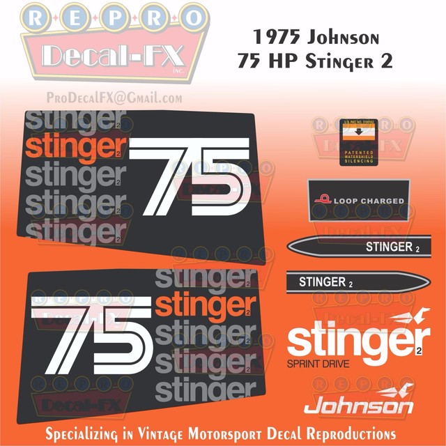 1975 Johnson 75HP Stinger 2 Outboard Repro 10Pc Vinyl Decals Two Loop ...