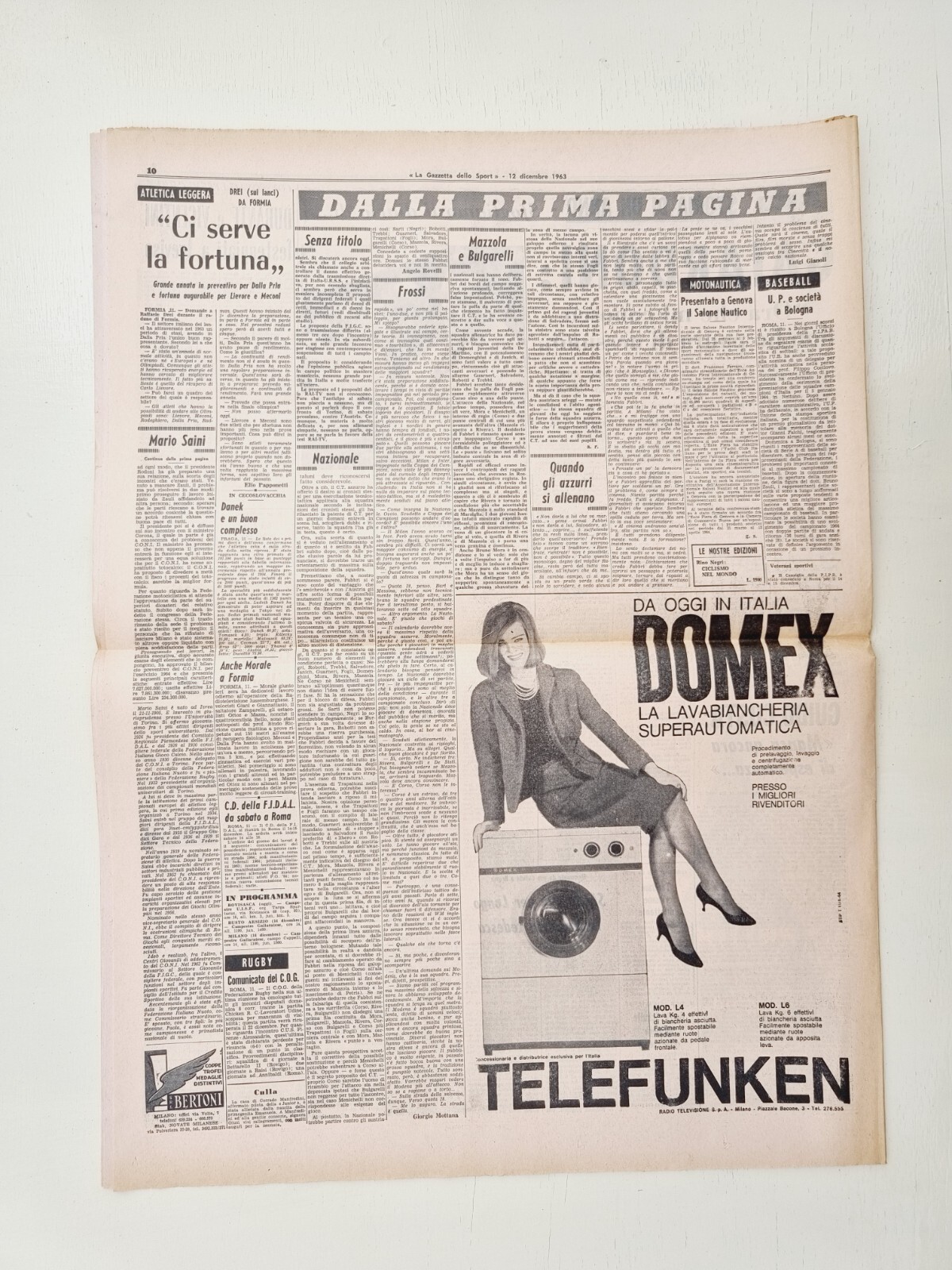 Journal Screen Sport 12 December 1963 Bulgarelli - Torino-Pubblicita ...