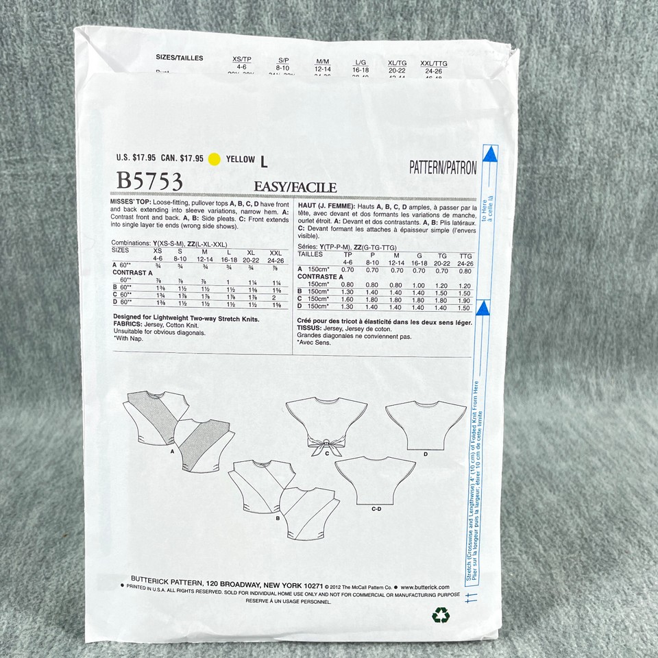 Butterick 5753 Pullover Top with Batwing Sleeves Misses Size XS M ...