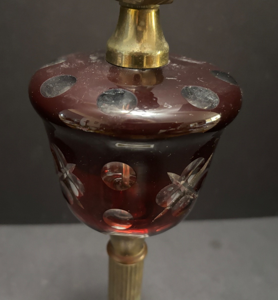 Victorian Style Cranberry Cut to Clear ELECTRIC LAMP Marble Base Brass ...