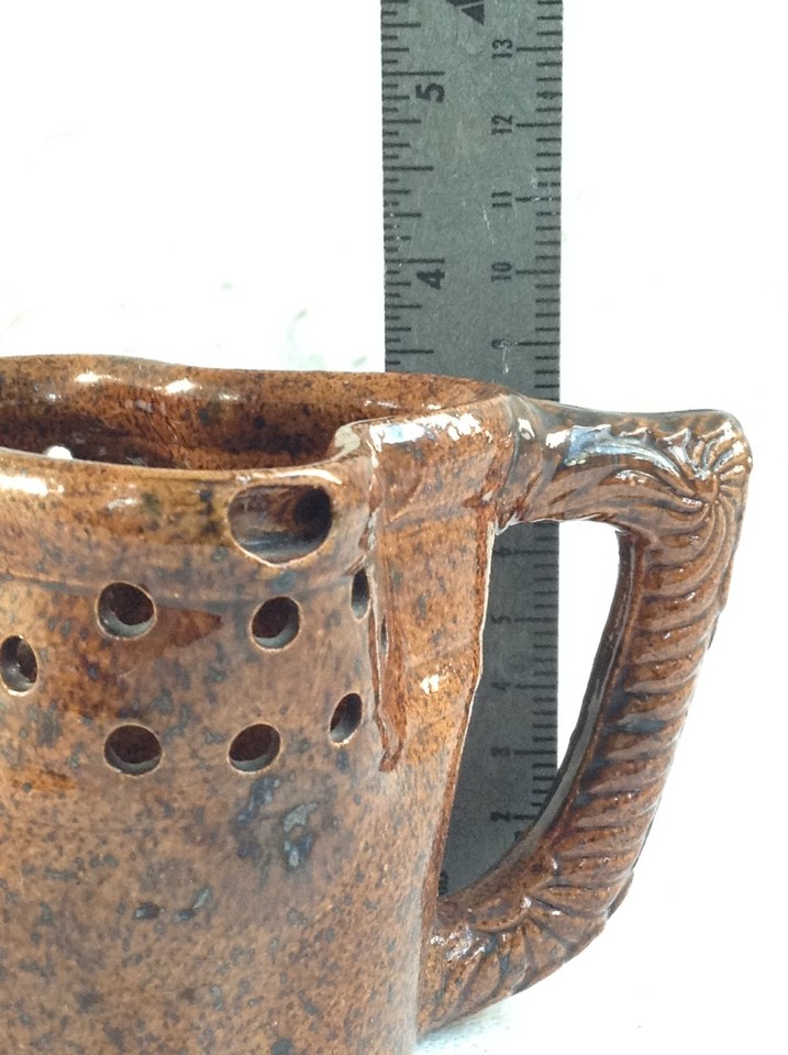 💥RARE GEORGE E. OHR (1857-1918) POTTERY SPECKLED BROWN GLAZE PUZZLE MUG ...