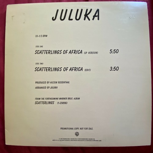 Juluka~Scatterlings Of Africa~1982 Warner Bros 12" Single PROMO~VG+ ...