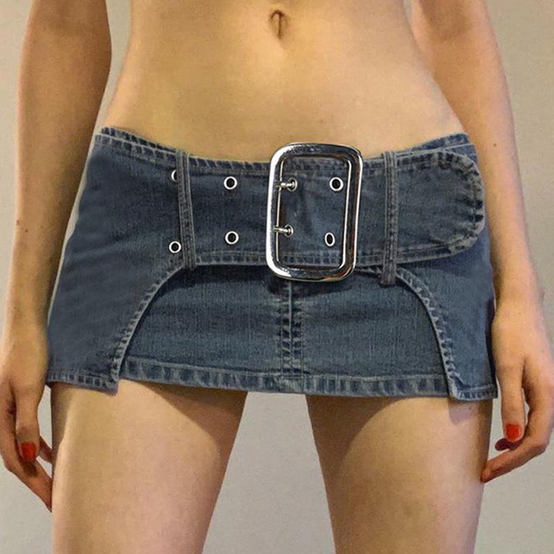 Mini Skirt Aesthetic Clothes Women Summer Y2k Denim Skirt Belted Low