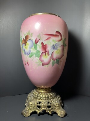 Antique Hand Paint Pink Floral Oil Kerosene Parlor Lamp Base Font Part ...