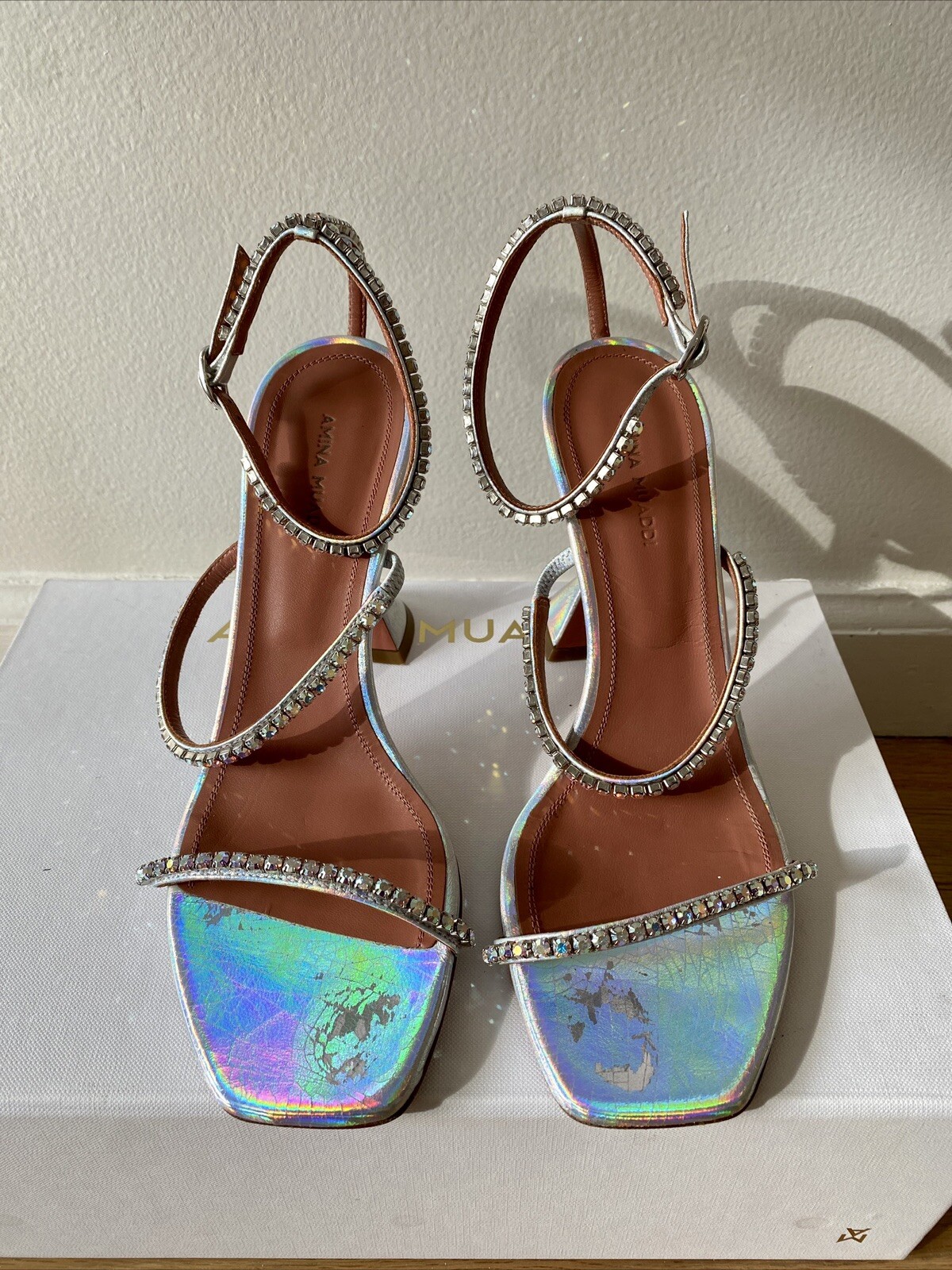 Amina Muaddi Gilda Mermaid Silver Crystal Sandal Heel… - Gem