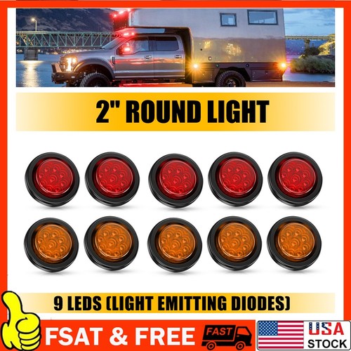 10x 2" DOT Red+Amber Round Trailer 9 LED Marker Lights w/ Grommet for ...