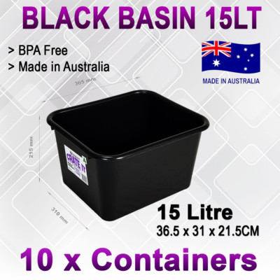 10x Large Heavy Duty 15L Black Plastic Basin Tub Containers Storage ...