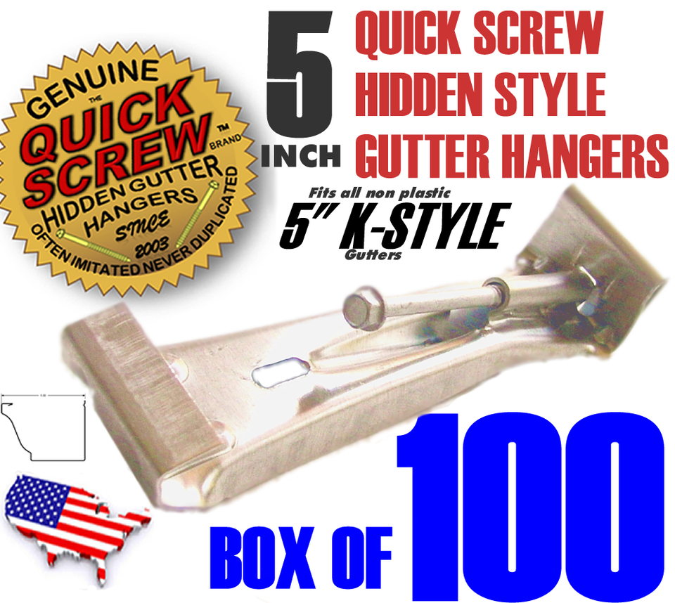 Quick Screw 5" 100 Pack Premium Hidden Rain Gutter Bracket Hook Hangers ...