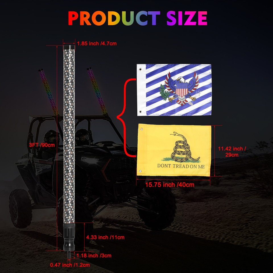 2x 3FT Thick LED Whip Spiral Chasing RGB Fat Whip Lights For ATV UTV ...