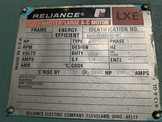 1250 HP Reliance AC Electric Motor 3600 RPM Fr 5810S WPISB 4160 V EOK ...