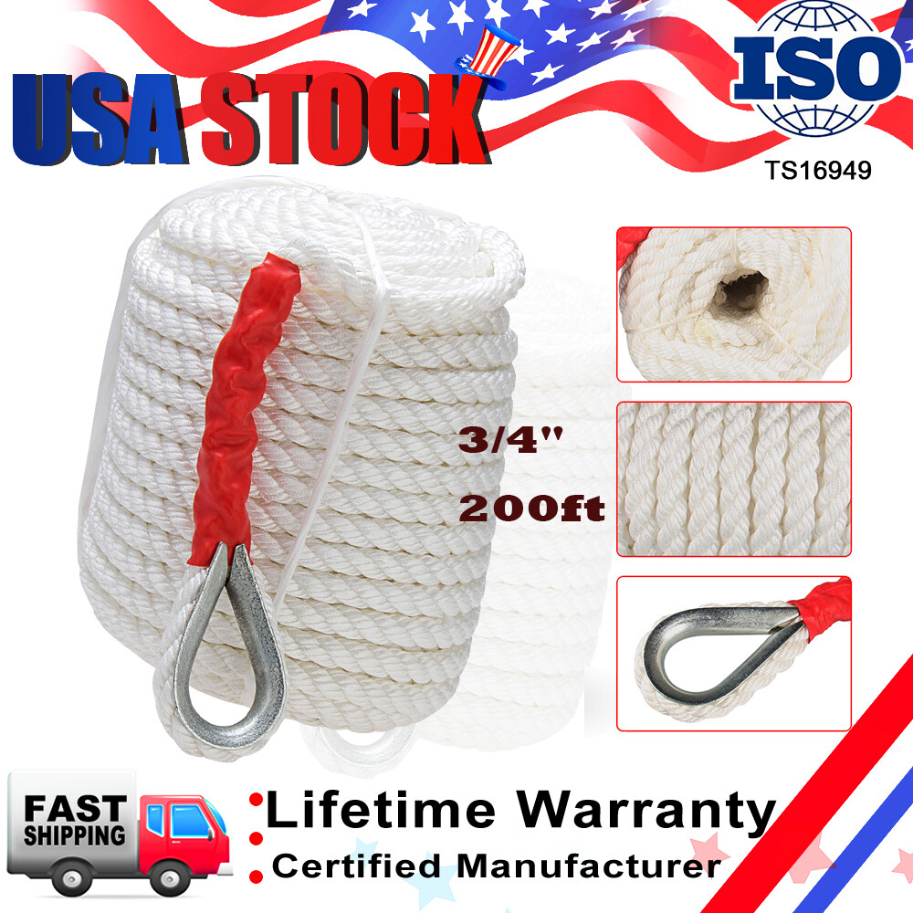 3/4"x200ft Nylon Twisted Rope Three Strand Nylon Anchor Rope Marine ...