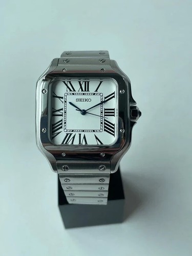 Seiko Mod "Santos" Mod - Silver, (White Dial ), Sapphire Crystal ...