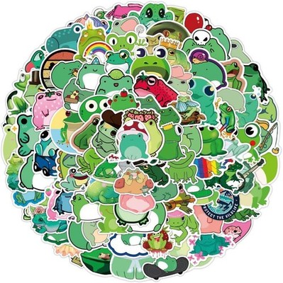 Cartoon Frog Stickers 100 Pcs, Green Cute Frog Decals for Water Bottle ...