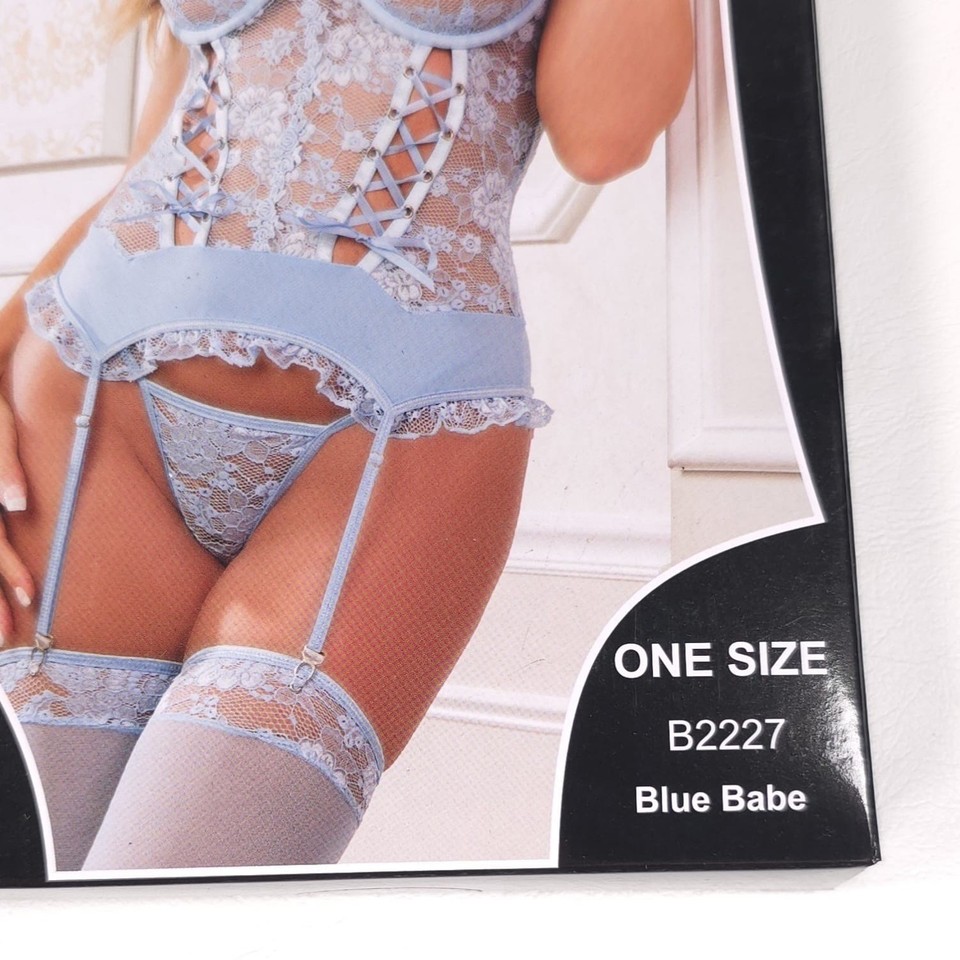 G World Intimates 3pc Lace up Garter Corset Thong & Stockings Blue Babe ...