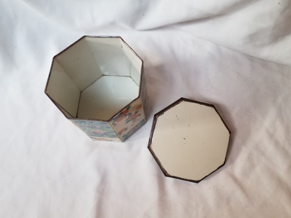 Antique Octagon Folded Tin Container Lid W Handle Floral Pattern Gold ...