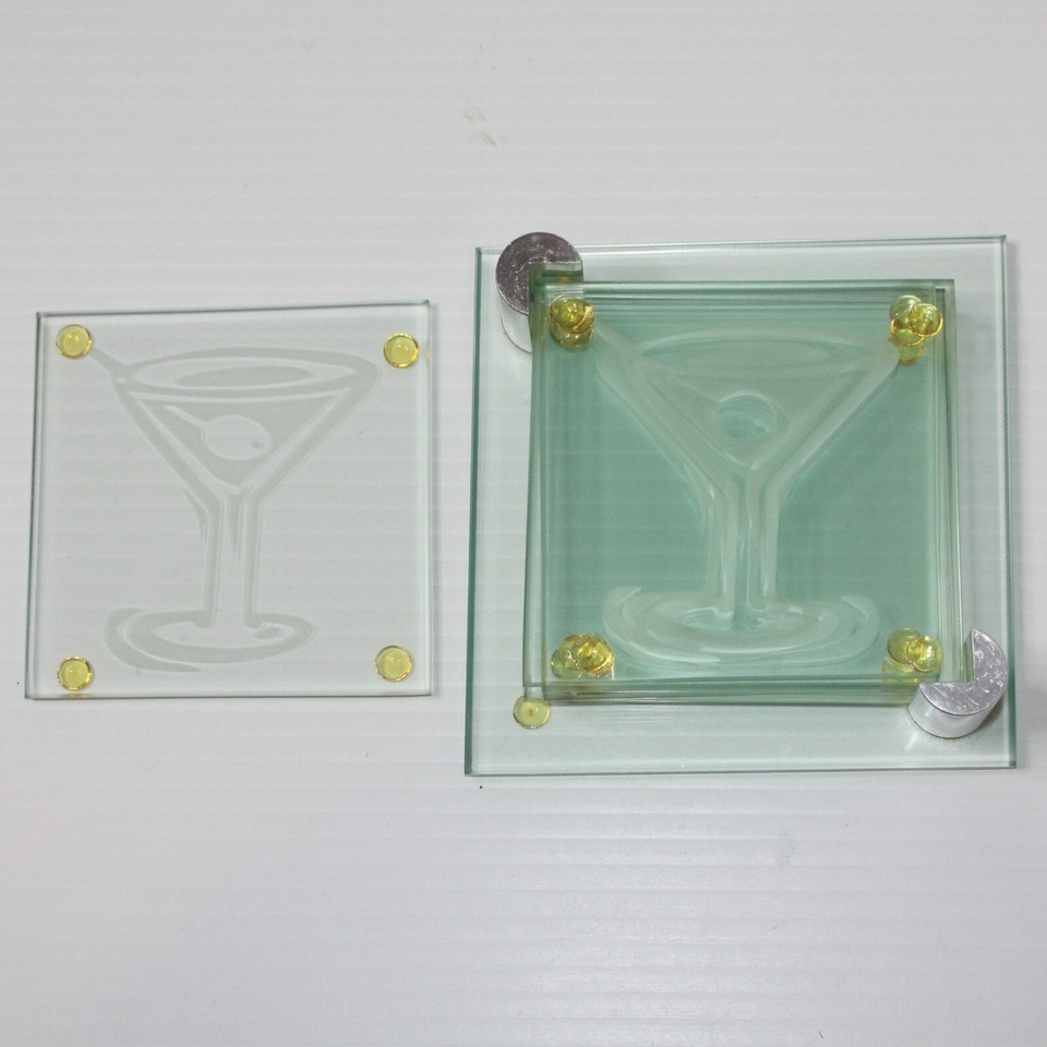 Set of 4 Square Glass Coasters with Etched Martini Design and Glass ...