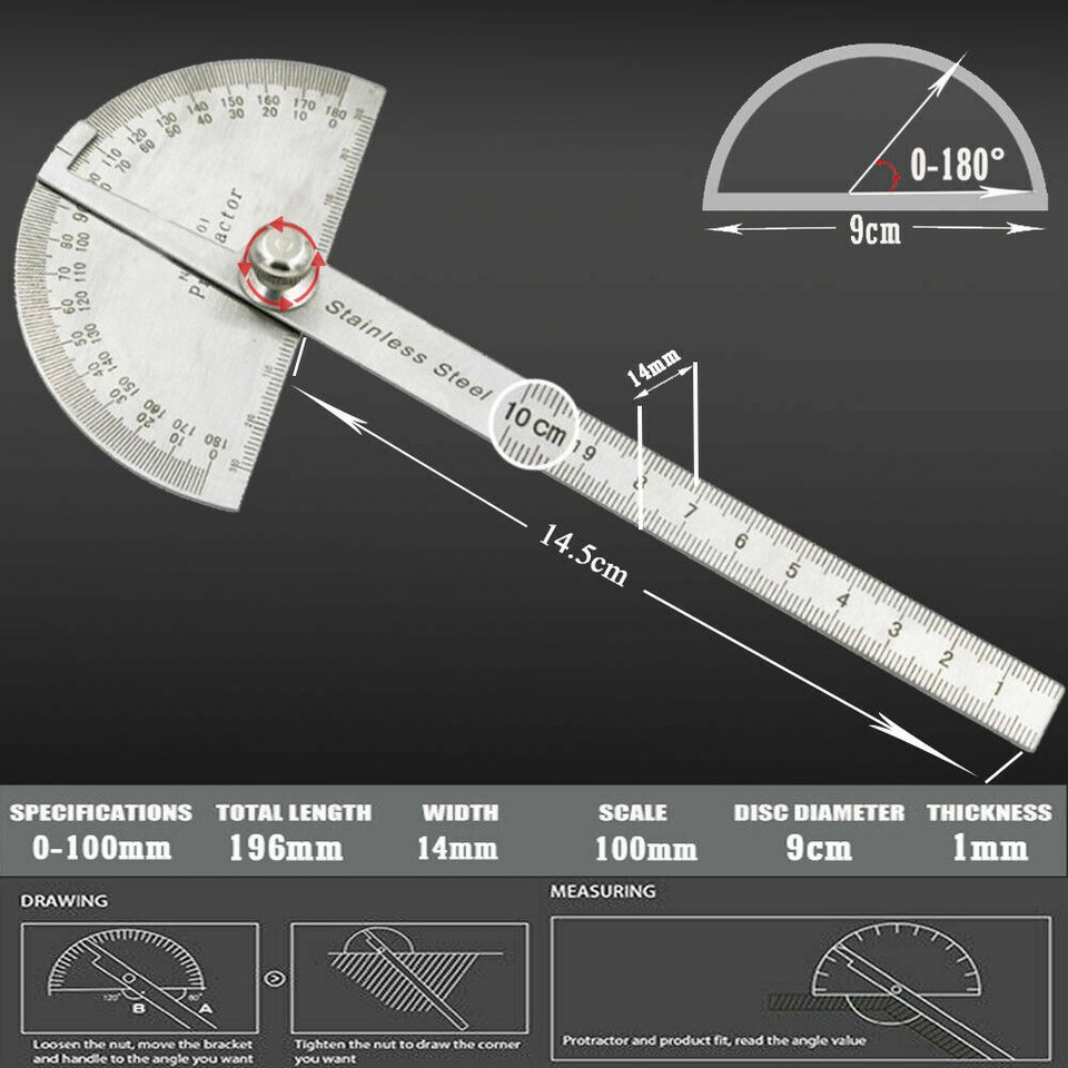 SAE Protractor 0-180° Rotary Angle Finder Stainless Steel Machinist ...