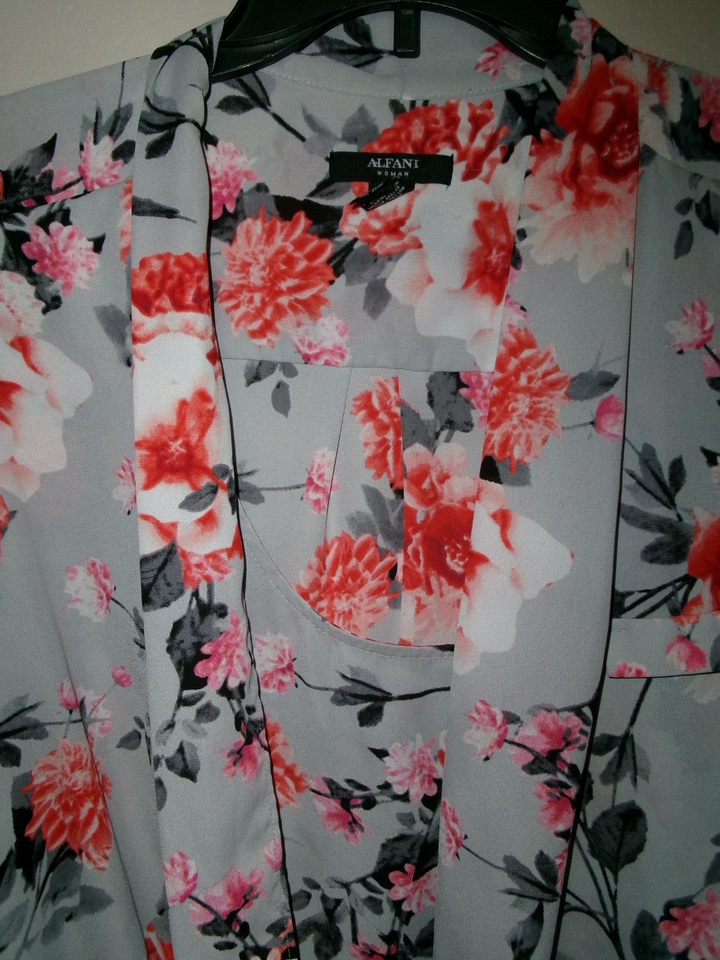 ALFANI GRAY FLORAL FAUX WRAP STYLE LONG TAB SLEEVE TOP PLUS SIZE 16W | eBay