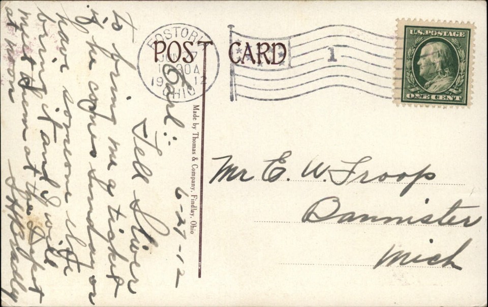 Findlay Ohio Blanchard River steamer boat canoe mailed 1912 vintage ...