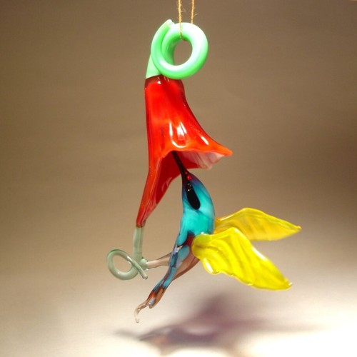 Blown Glass Figurine Bird Hanging Blue & Yellow Hummingbird Red Flower ...