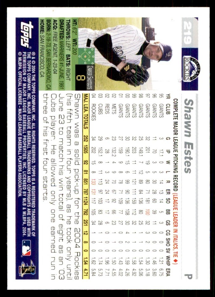 2005 Topps Shawn Estes Baseball Cards #219 | eBay