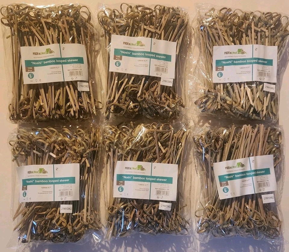 PacknWood Noshi Bamboo Looped Skewers Six Packs 600 Skewers total 12mm ...