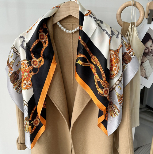 Pure 12 Momme 100% Silk Wrap Scarf Bandanna Orange chain Print Square ...