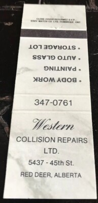 Matchbook Cover Western Collision Repairs Ltd. Red Deer Alberta | eBay