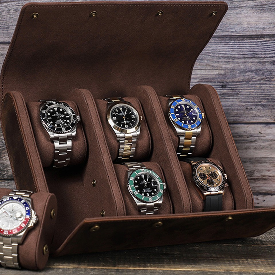 Genuine Leather 6 Slots Watch Roll Jewelry Watch Display Storage Box ...